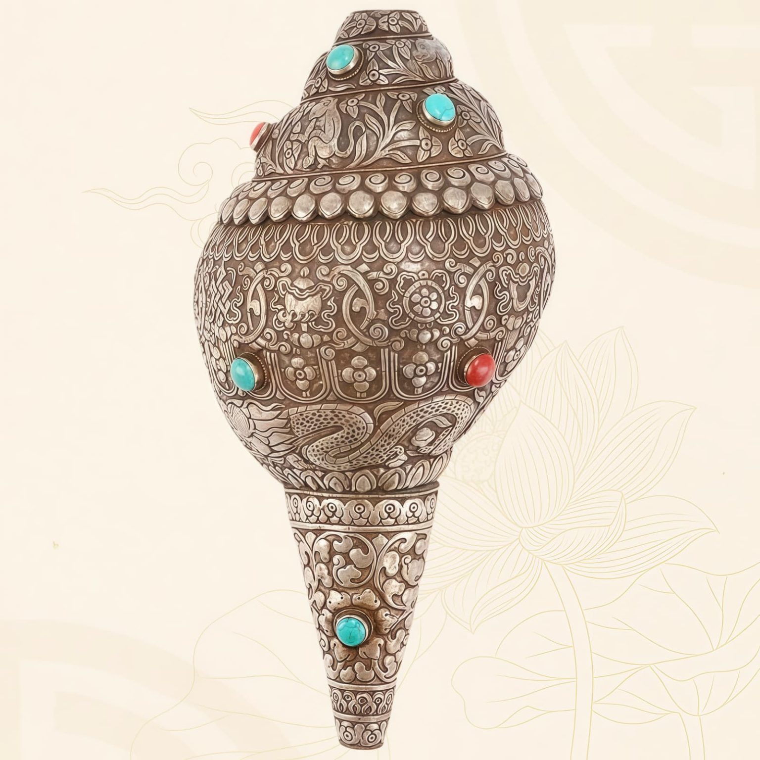 Tibetan Shankha Conch Shell Home Decoration With Eight Auspicious Symbols